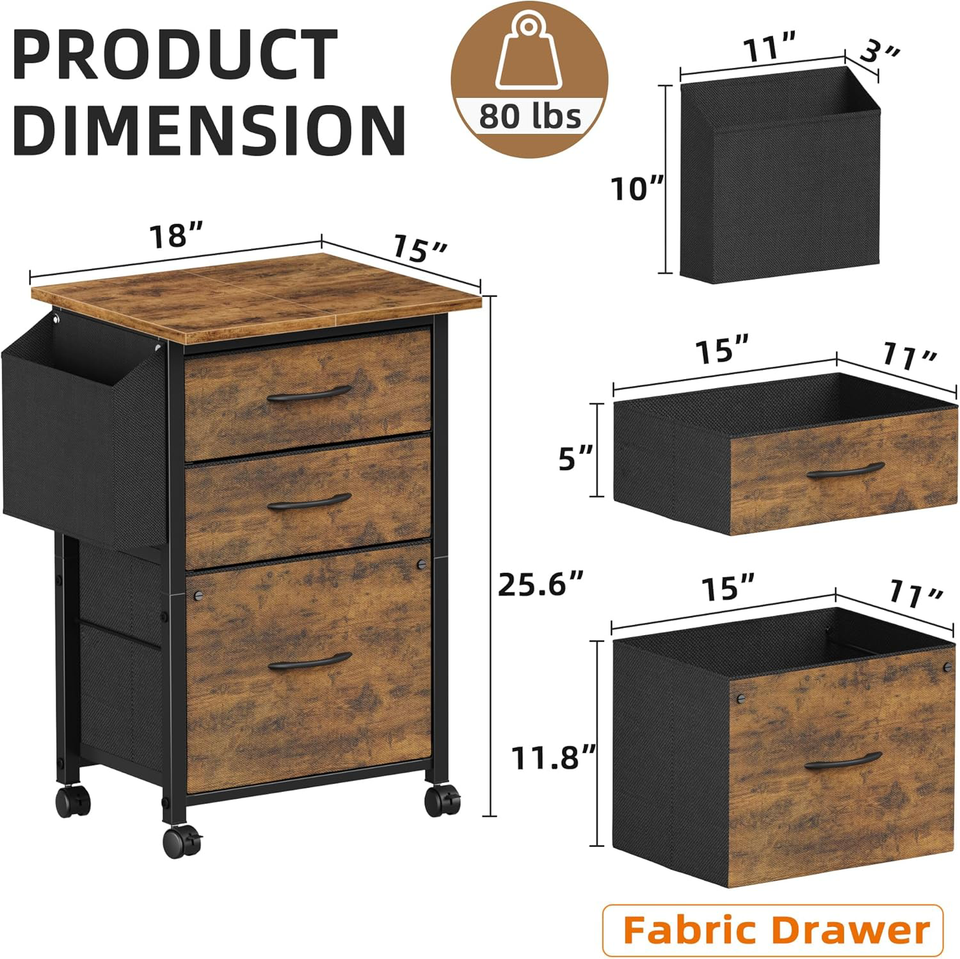 3 Drawer File Cabinet with 18'' Extended Board, Fabric Drawer, Mobile ...