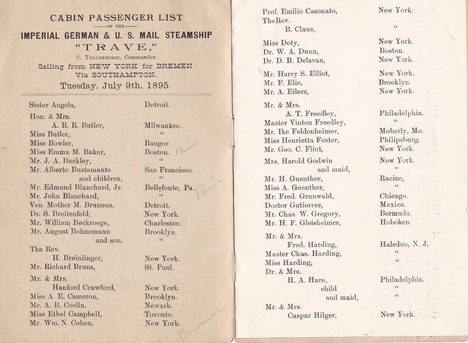 TRAVE NORTH GERMAN LLOYD NGL PASSENGER LIST JULY 9, 1895 ** OFFERS ...