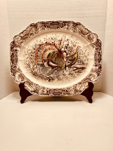 Vintage Turkey Platter Johnson Bros. Beautiful Wild Turkeys Cherry Mint ...