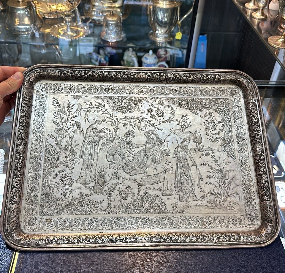 Large Middle Eastern Silver Tray With Floral + Figure Engraving. Marked ...