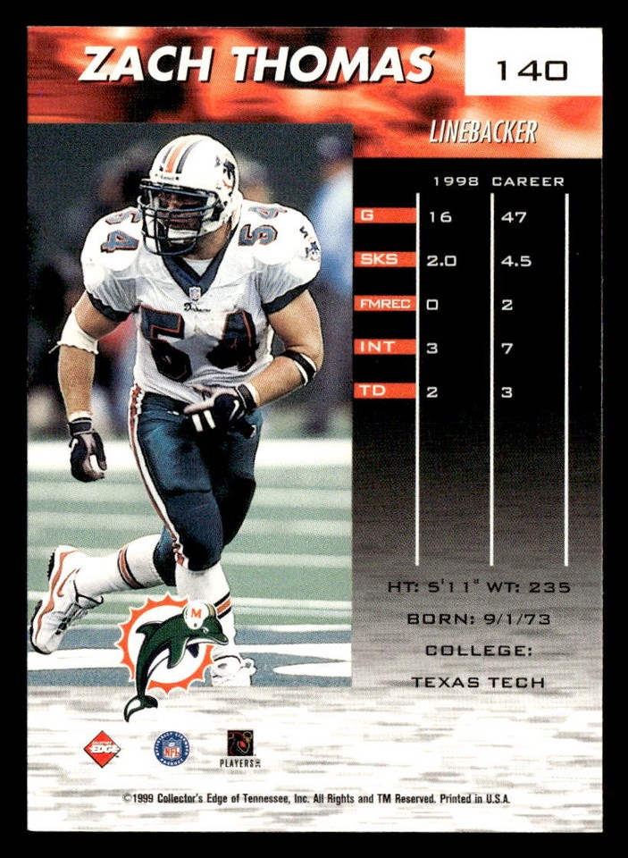 Zach Thomas 1999 Collector's Edge Fury Card #140 Miami Dolphins | eBay