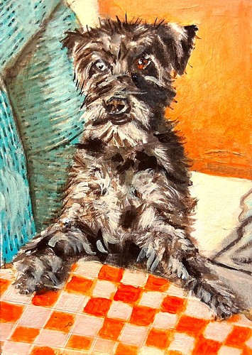 ACEO Original Miniature Art Pet Dog Schnoodle Lulu at the Table ...
