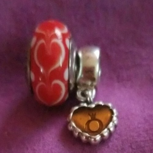 AUTHENTIC 2PC. Pandora ORANGE HTF DANGLE "CROWN" HEART W/ HEART BEAD W ...