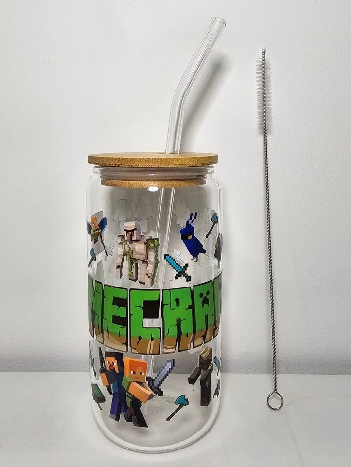MINECRAFT 16oz Glass Cup With A Straw And Bamboo Lid And Brush | eBay UK