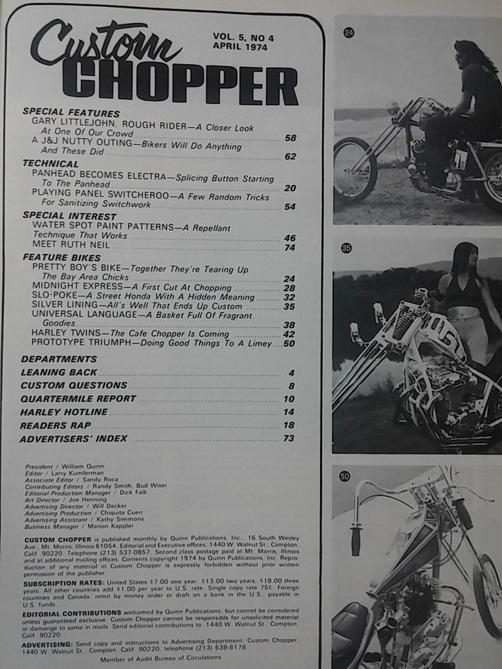 1974 APRIL CUSTOM CHOPPER MAGAZINE MOTORCYCLE HARLEY HONDA 750 DIGGER ...