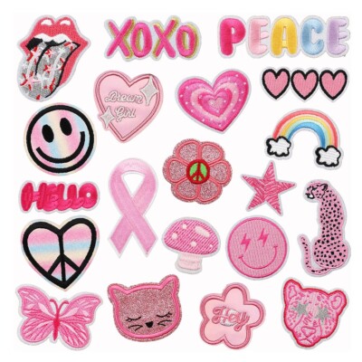 20Pcs Pink Preppy Iron on Patches for Girls Embroidered DIY Sew on ...
