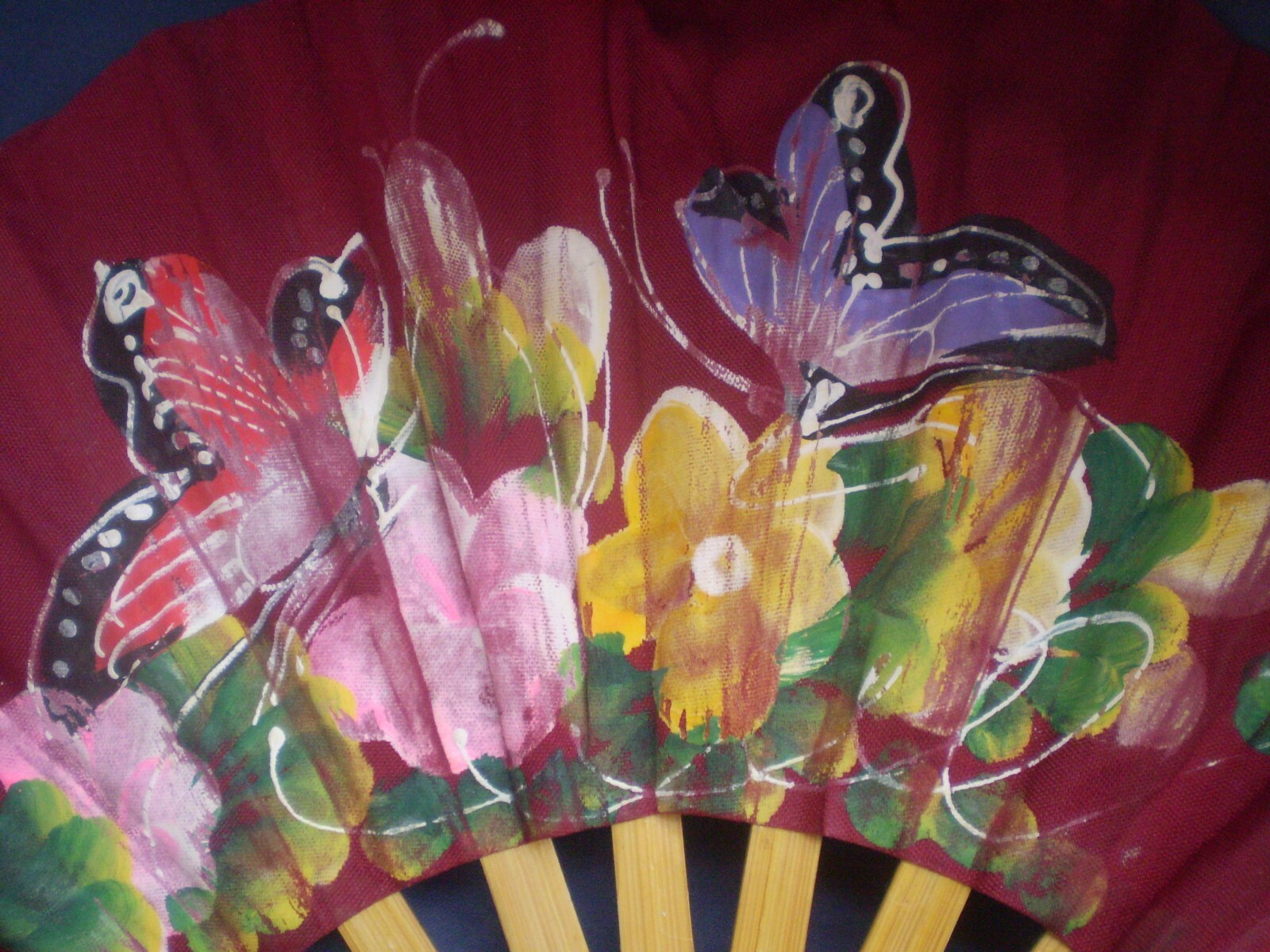 RARE antique painted red silk fan theatrical fan flow… - Gem
