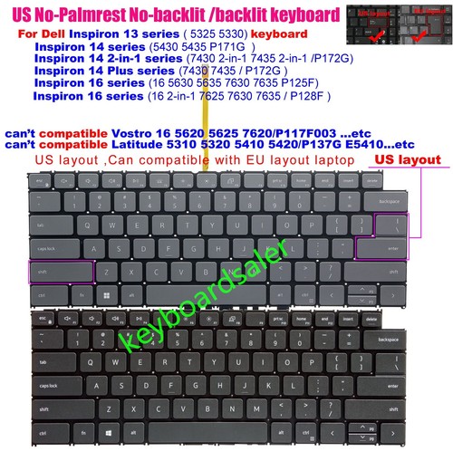 US Keyboard For Dell Inspiron 5325 5330 5430 5435 P171G 7430 7435 2-in ...