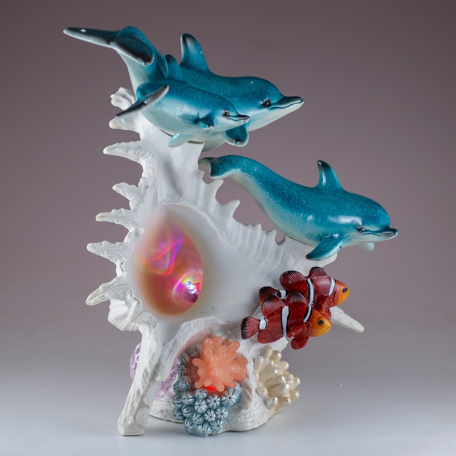Blue Dolphins & Clown Fish Swimming Over LED Conch Shell Figurine ...