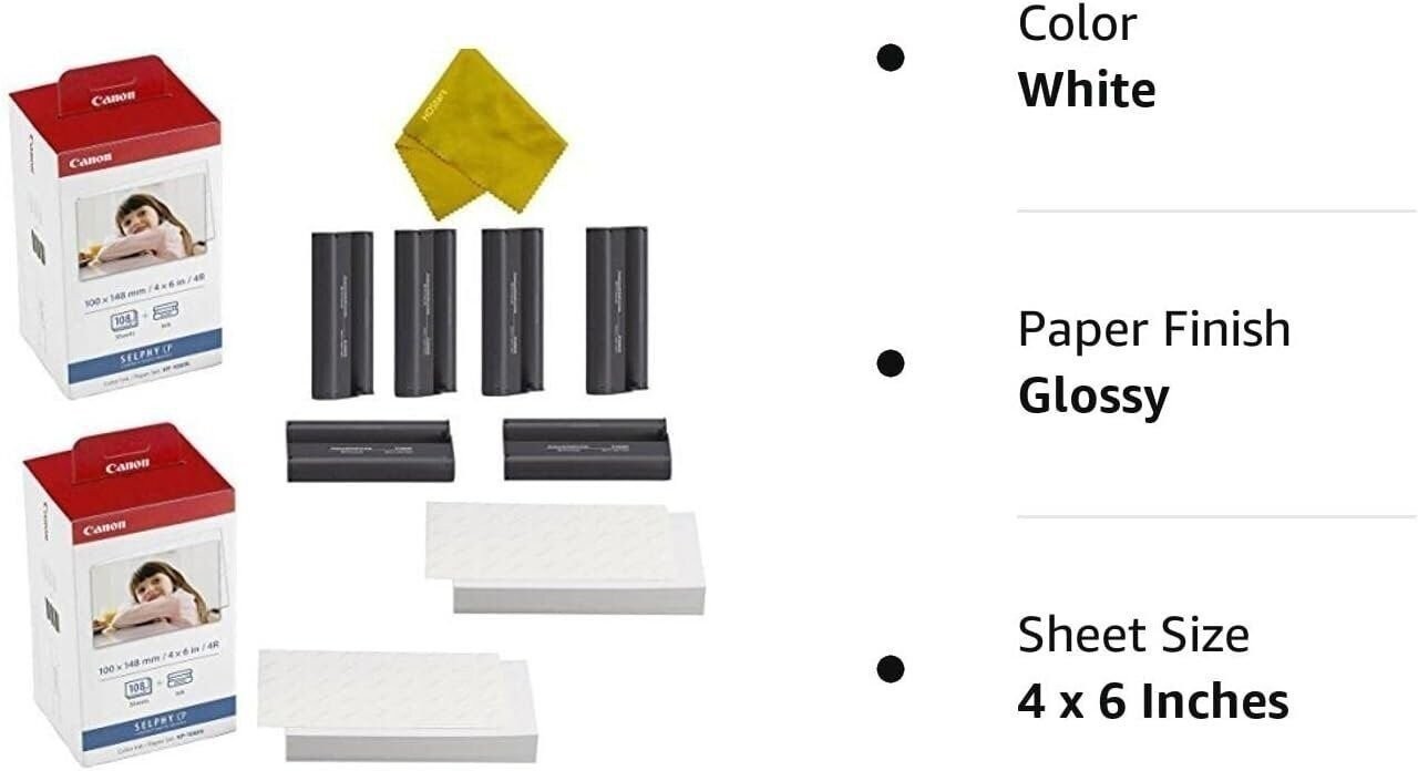 Canon KP-108IN 3 Color Ink Cassette and 216 Sheets 4 x 6 Paper Glossy ...