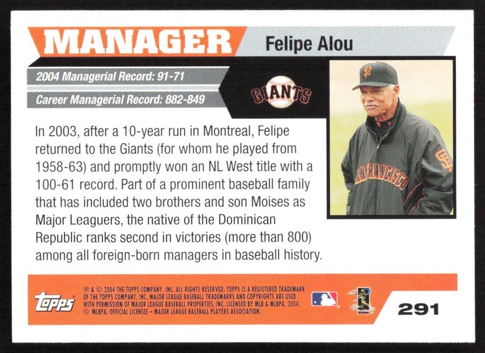 2005 Topps Manager Felipe Alou #291 San Francisco Giants | eBay