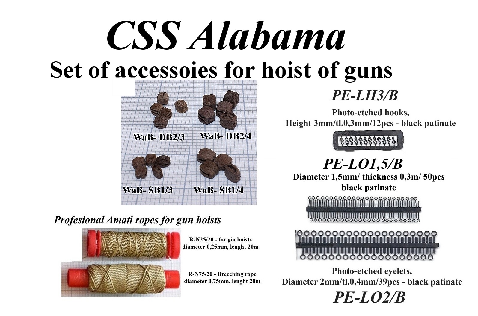 Revell CSS Alabama 1:96 - set 60x wooden blocks, hooks, eyelets, ropes ...