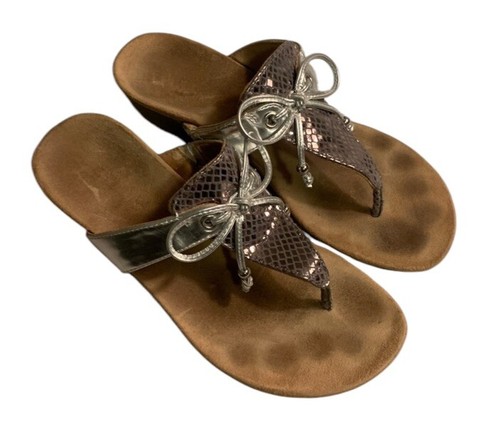 Vionic Della Pewter T Strap Bow Wedge Sandals 8M Shoes Leather Flip ...