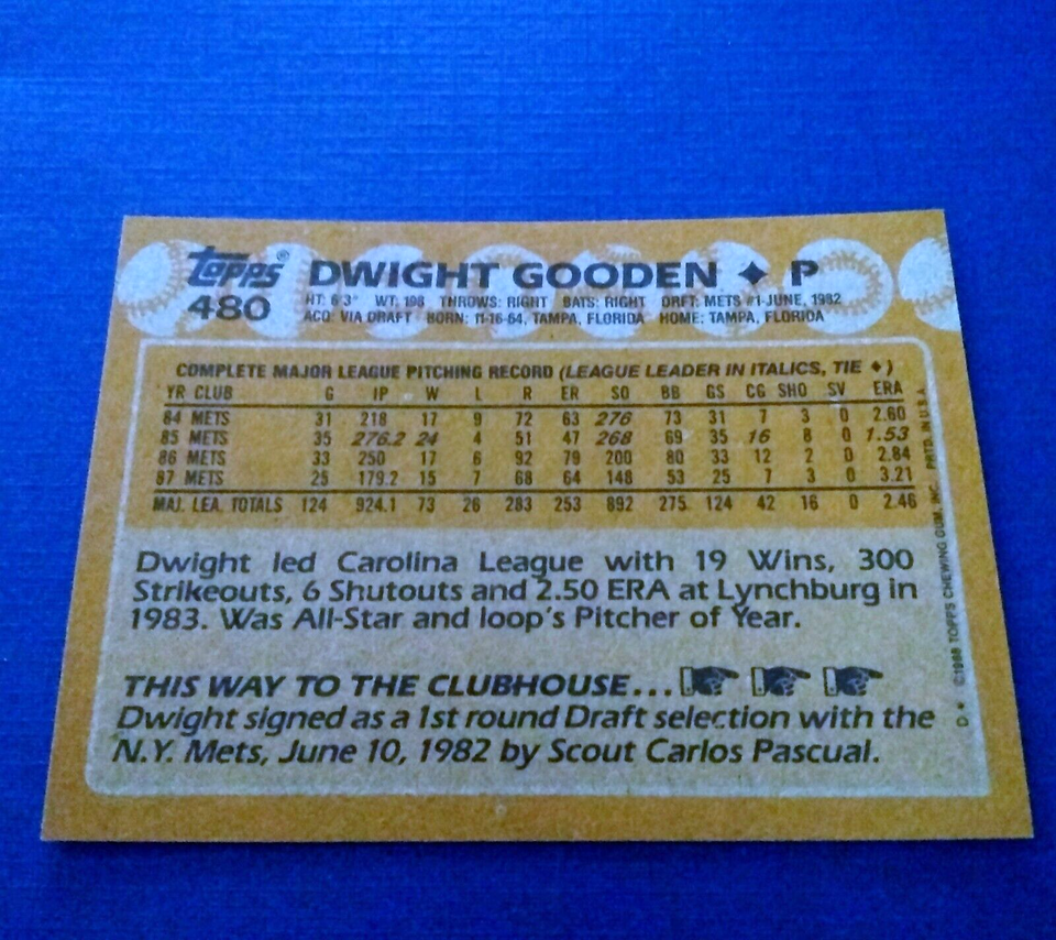 1988 Topps Baseball Dwight Gooden #480 Set Break NM-MT | eBay
