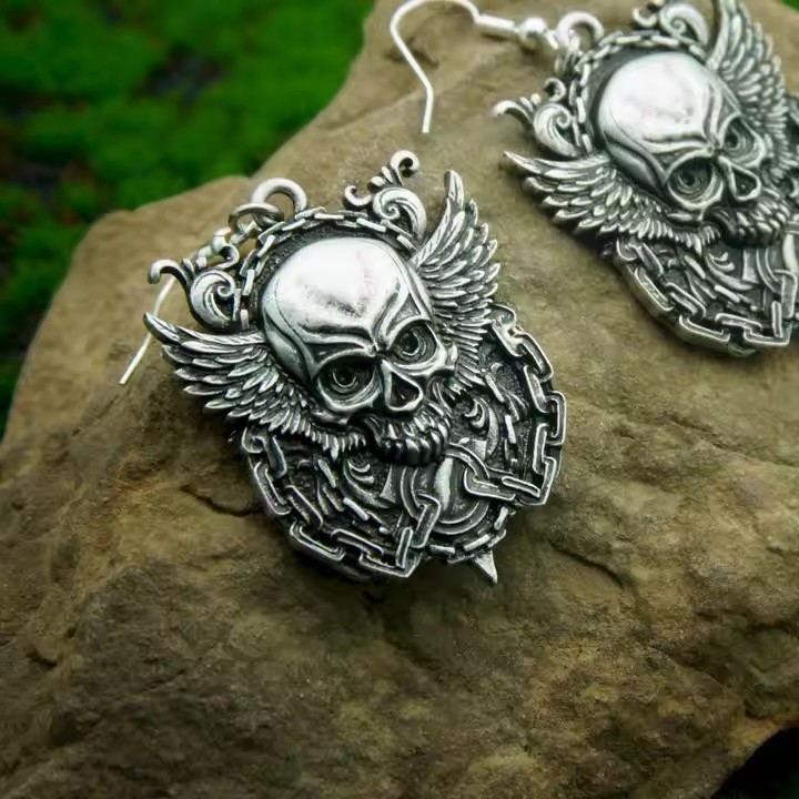 Wings Winged Skull Dangle Earrings Silver Finish Biker Goth Chains Punk ...