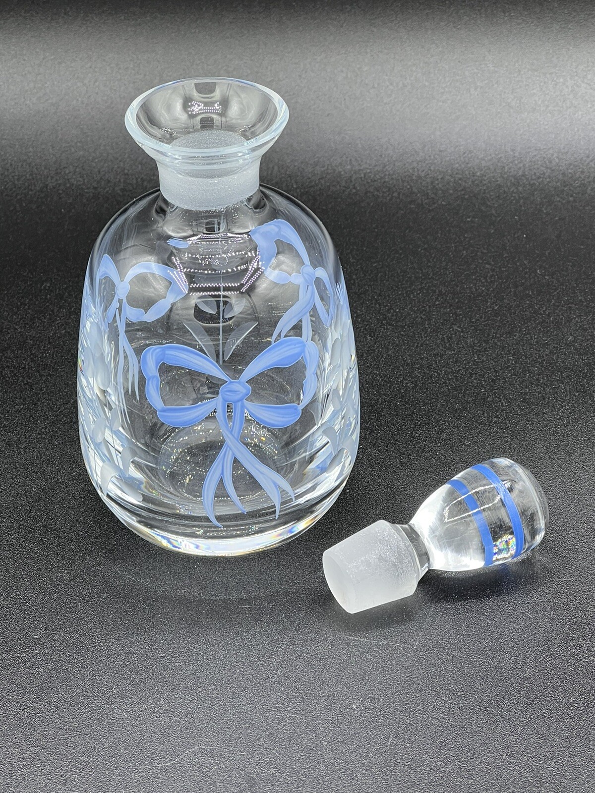 Blown Glass Perfume Bottle, Lid, Hand Painted Blue Bows, Etched | eBay