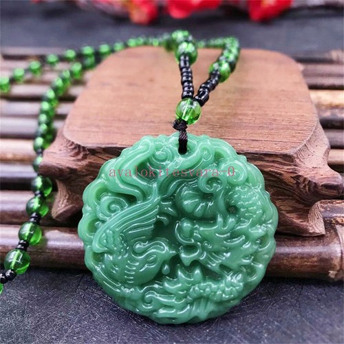 Green Jade Stone Hand-Carved Dragon Phoenix Jade Pendant Necklace ...