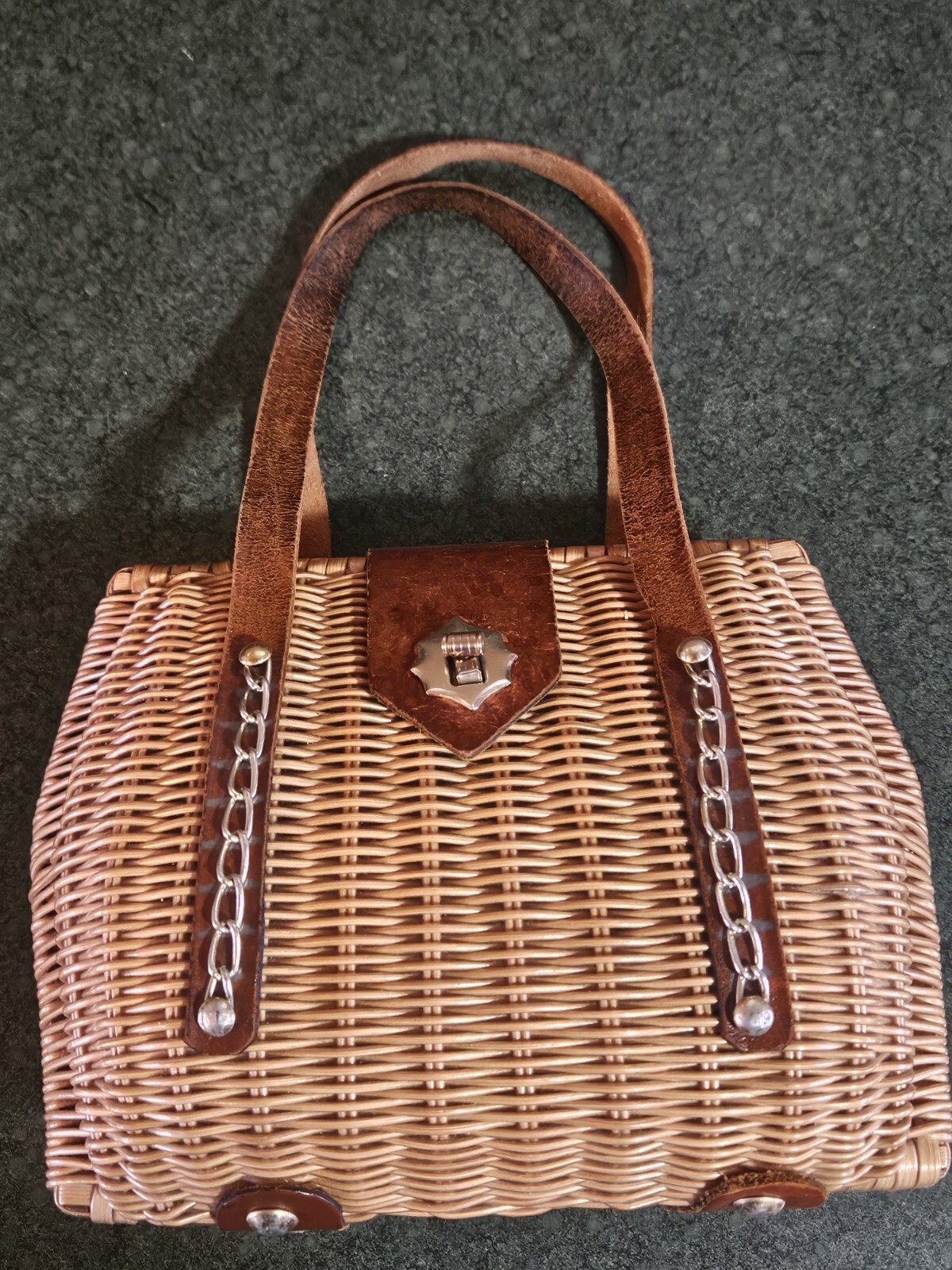 Vintage SIMON Rattan Wicker &Leather Handbag Purse Br… - Gem