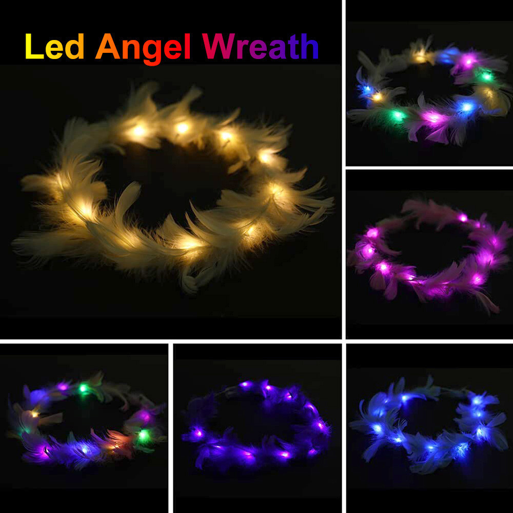 6PC LED Christmas Headband Light Up Feather Gailand Angel Crown Wreath ...