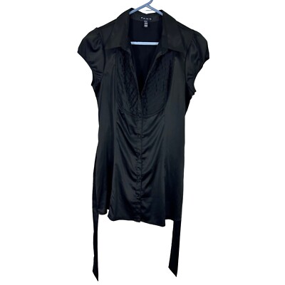 Fang Satin Woman's Medium Black satin Short Sleeves Button Up Long ...