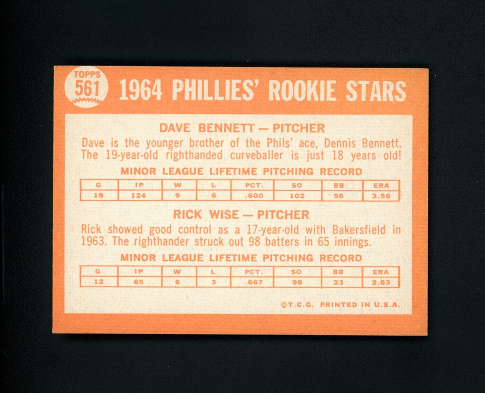 1964 Topps Phillies Rookie Stars - Dave Bennett, Rick Wise #561 NM | eBay