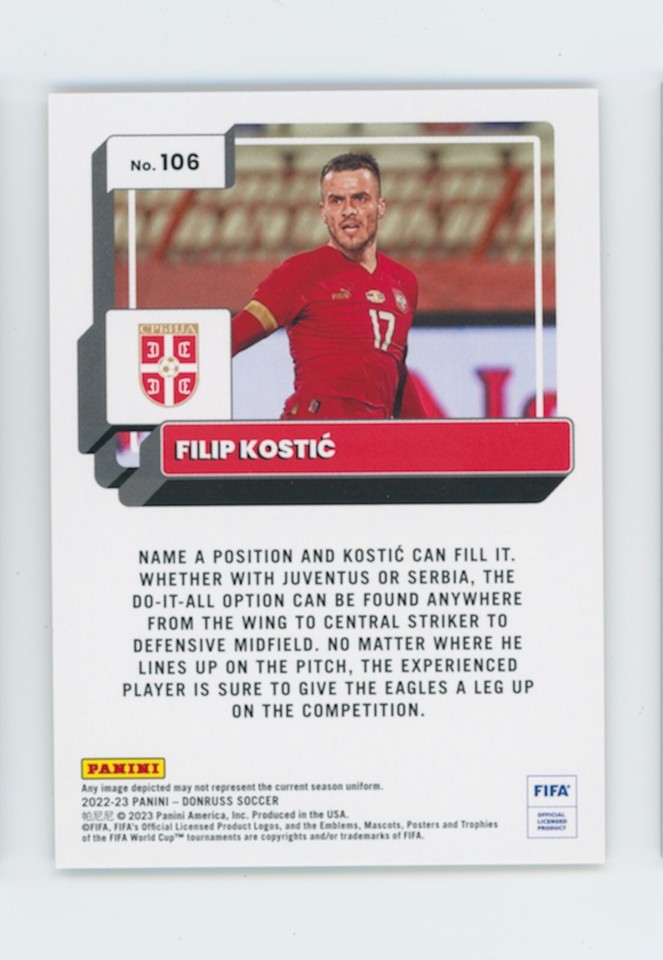 2022-23 Filip Kostic Panini Donruss FIFA Gold Foil Serbia Soccer Card 9 ...