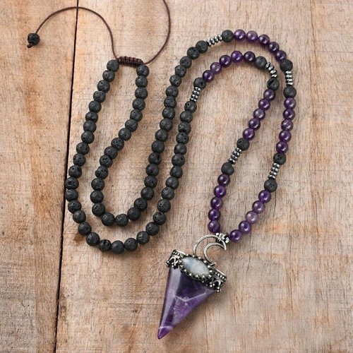 Natural Lava Rock Amethyst Stone Beaded Necklace Amethyst Pendant ...