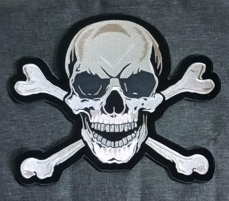 SKELETON SKULL CROSSBONES BIKER IRON-ON EMBROIDERED LARGE BACK PATCH | eBay