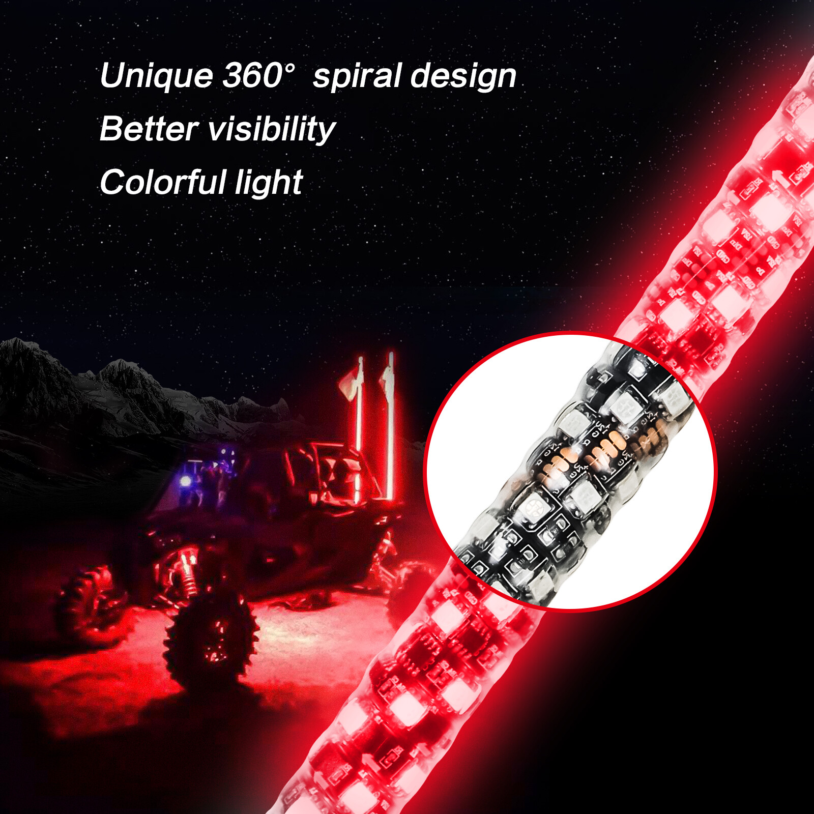 3ft Lighted Spiral RGB LED Whip Light w/4 Pods RGB Rock Lights Kit for ...