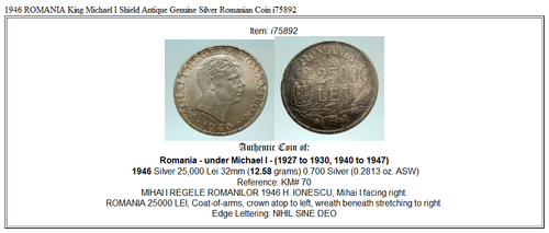 1946 ROMANIA King Michael I Shield Antique Genuine Silver Romanian Coin ...