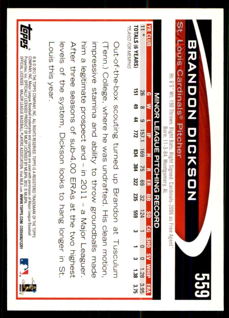 2012 Topps Brandon Dickson Baseball Cards #559 | eBay