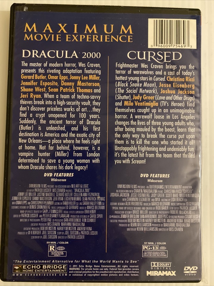 Dracula 2000/Cursed (DVD, 2011) Wes Craven Horror Werewolves Fright ...