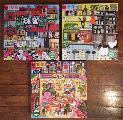 3 EEBOO 1000 PIECE PUZZLES WHIMSICAL VILLAGE KITCHEN CHICKEN FAMILY ...