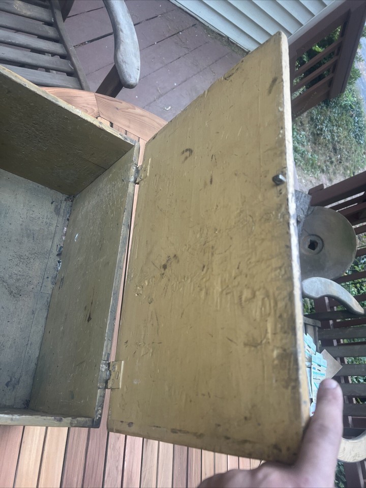 Antique painted wood box Crate Hinged Lid Yellow | eBay