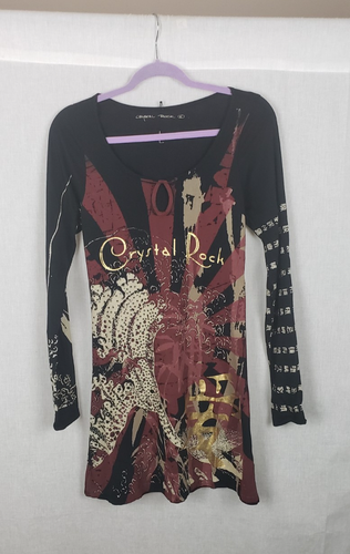 Crystal Rock Christian Audigier Black Tsunami Key Hole Tunic Shirt Top ...