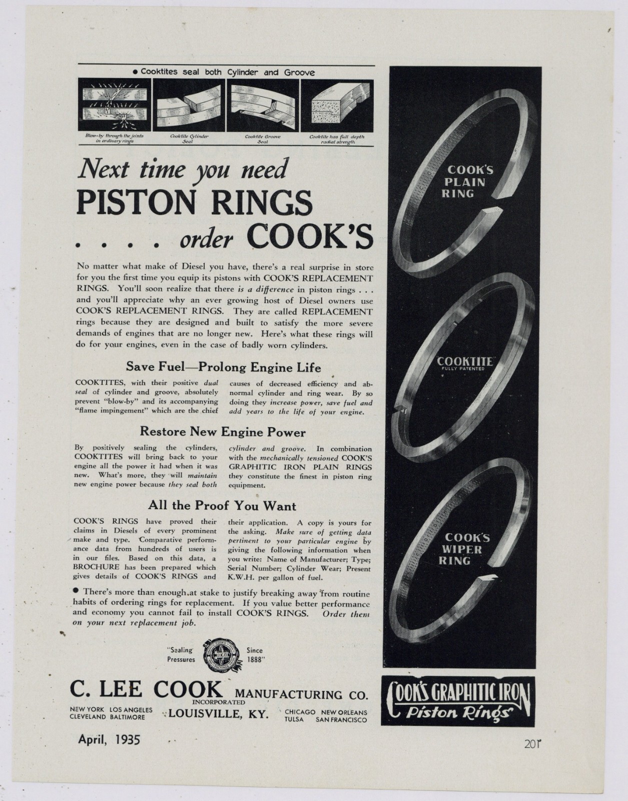 1935 C. Lee Cook Mfg. Co. Ad: Piston Rings for Diesels - Louisville ...