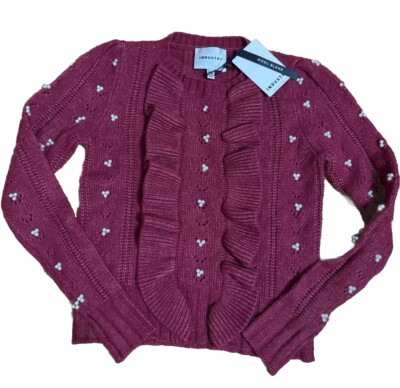 NEW INDUSTRY Junior Woman’s Long Sleeve Front Ruffle Sweater Top Maroon ...