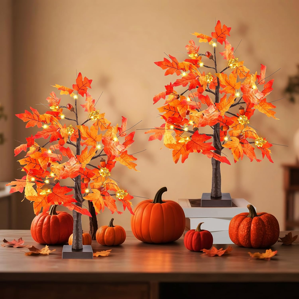 2 Pack Lighted Fall Tree, 24" Artificial Light up Maple Tree with 24 ...