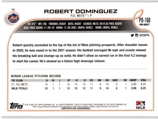 ROBERT DOMINGUEZ 2022 Topps Pro Debut #PD-160 FCL Mets | eBay