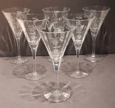 6 Colony Glass Sandra Etched Floral Water Wine Goblet Glasses Optic ...