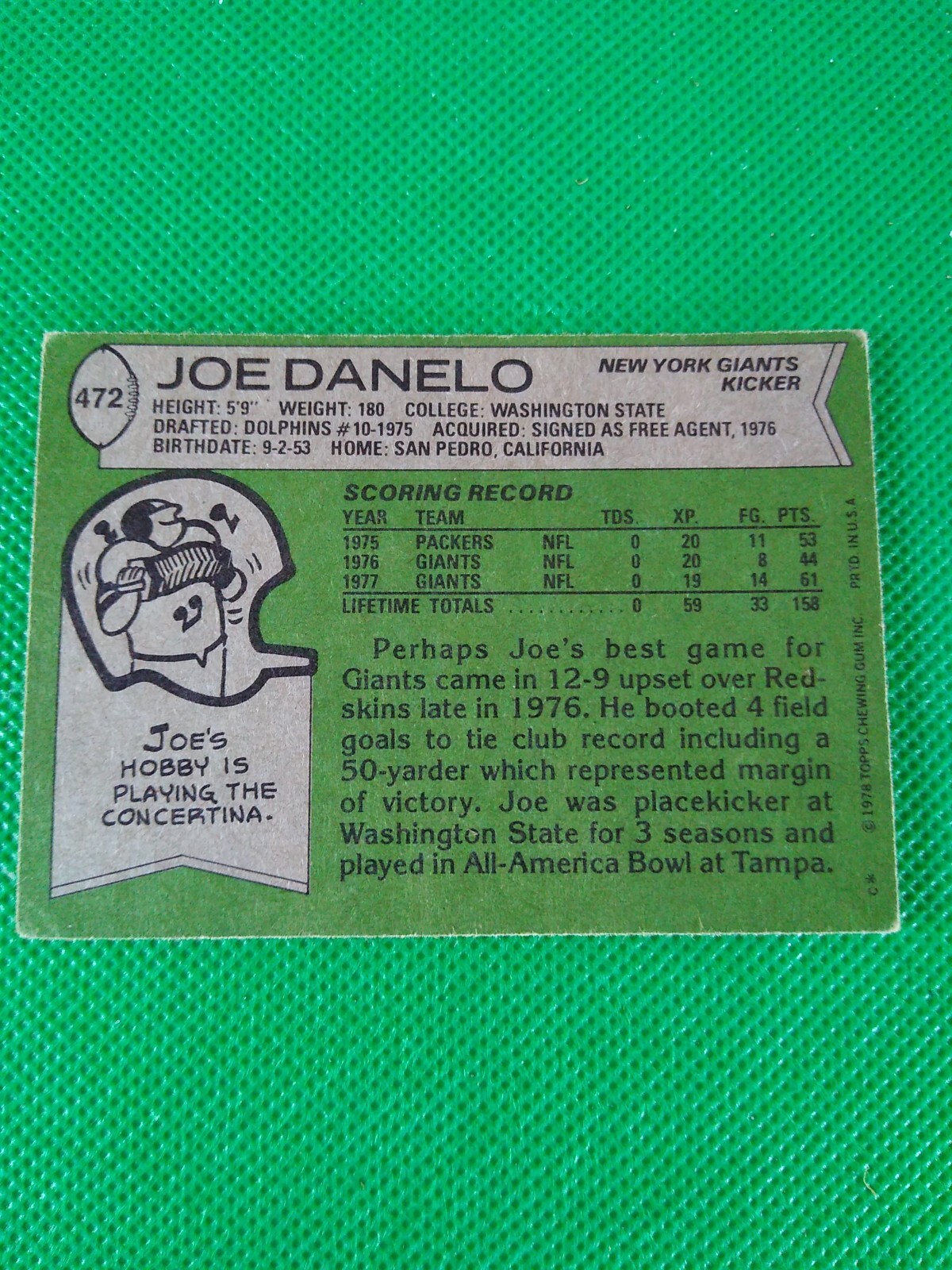 1978 Topps Football #472 Joe Danelo - New York Giants | eBay