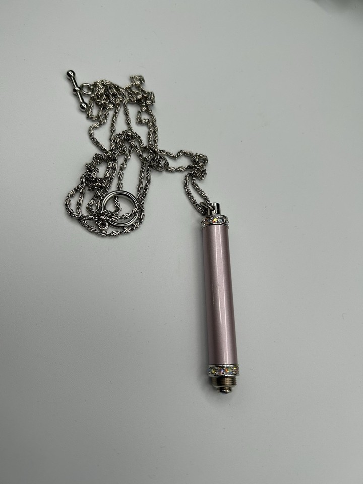PINK BALL POINT PEN PENDANT W/ Crystal Accents ON SILVER 40” ROPE CHAIN ...