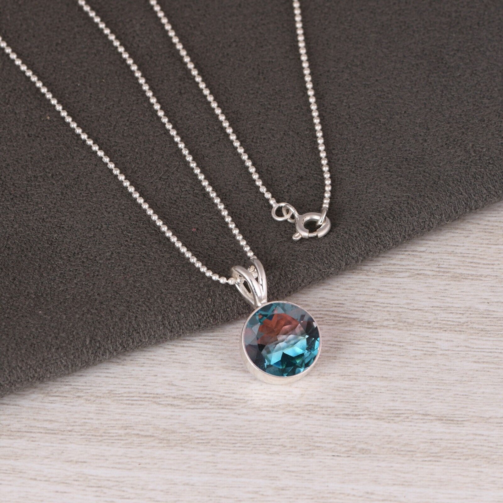 Round Cut Alexandrite Sterling Silver Pendant With 18'' Chain Necklace ...
