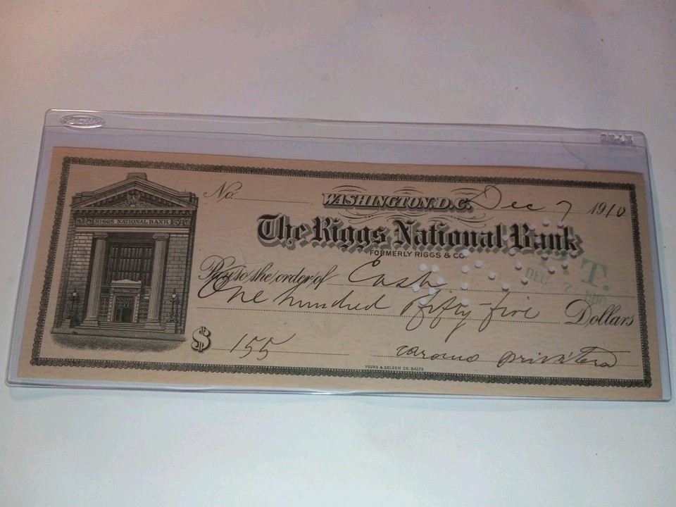 SLING'S 🪙Vintage 1910 Riggs National Bank Check, Washington DC Most ...