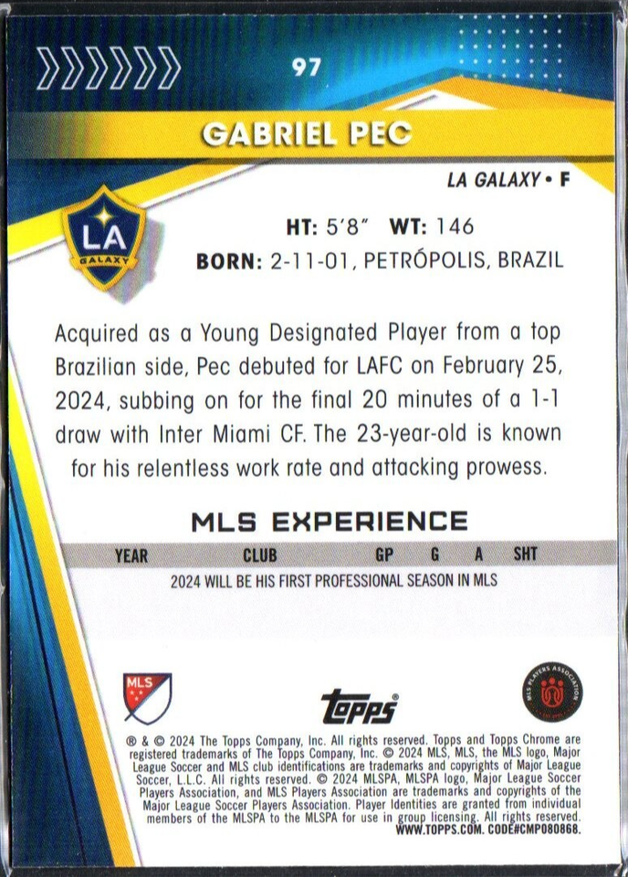 2024 Topps Chrome MLS Rookie Purple Refractor SP/199 #97 Gabriel Pec RC ...
