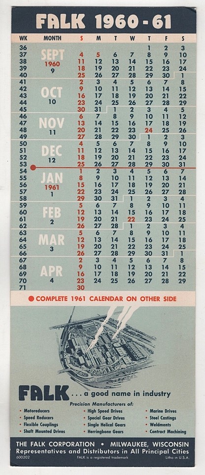 1960 FALK CORP CALENDAR FLYER GEAR DRIVES SHAFTS MILWAUKEE WI WM STEELE ...