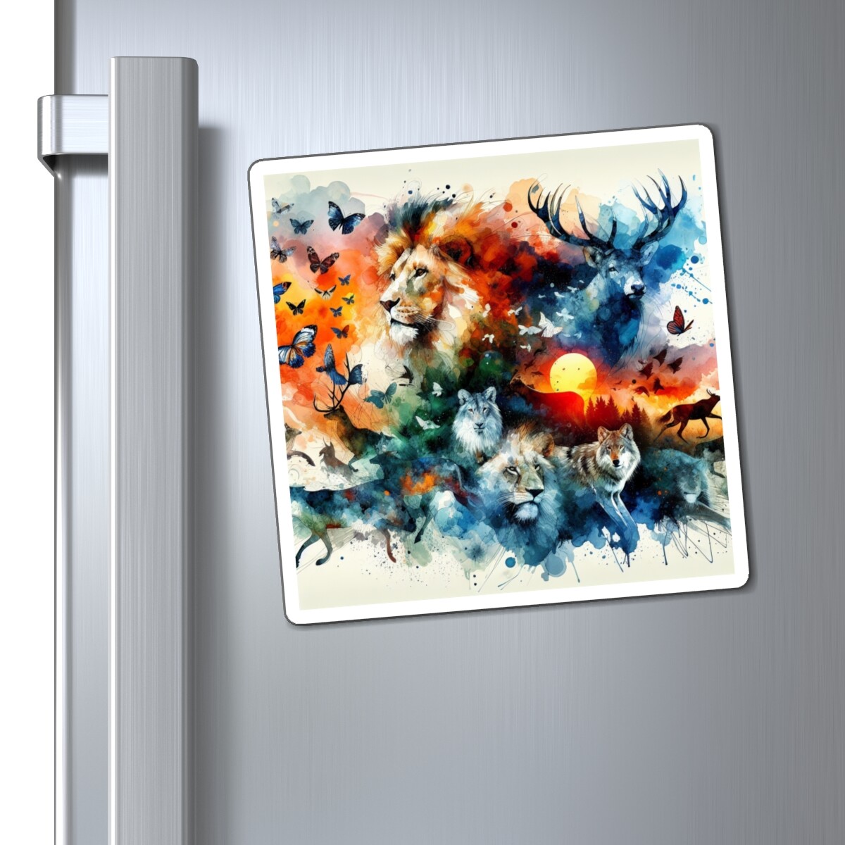 Fridge Magnet 3x3, 4x4, 6x6 Colorful Wildlife Lions Wolves Deer Nature ...