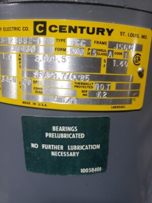 Century Motor, 8-123882-01, Type SC, Frame J56C, 230/460, 3 PH, 3450 ...