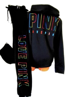 BLING Victoria Secret Pink RAINBOW BLACK HOODIE SWEAT SHIRT CLASSIC ...