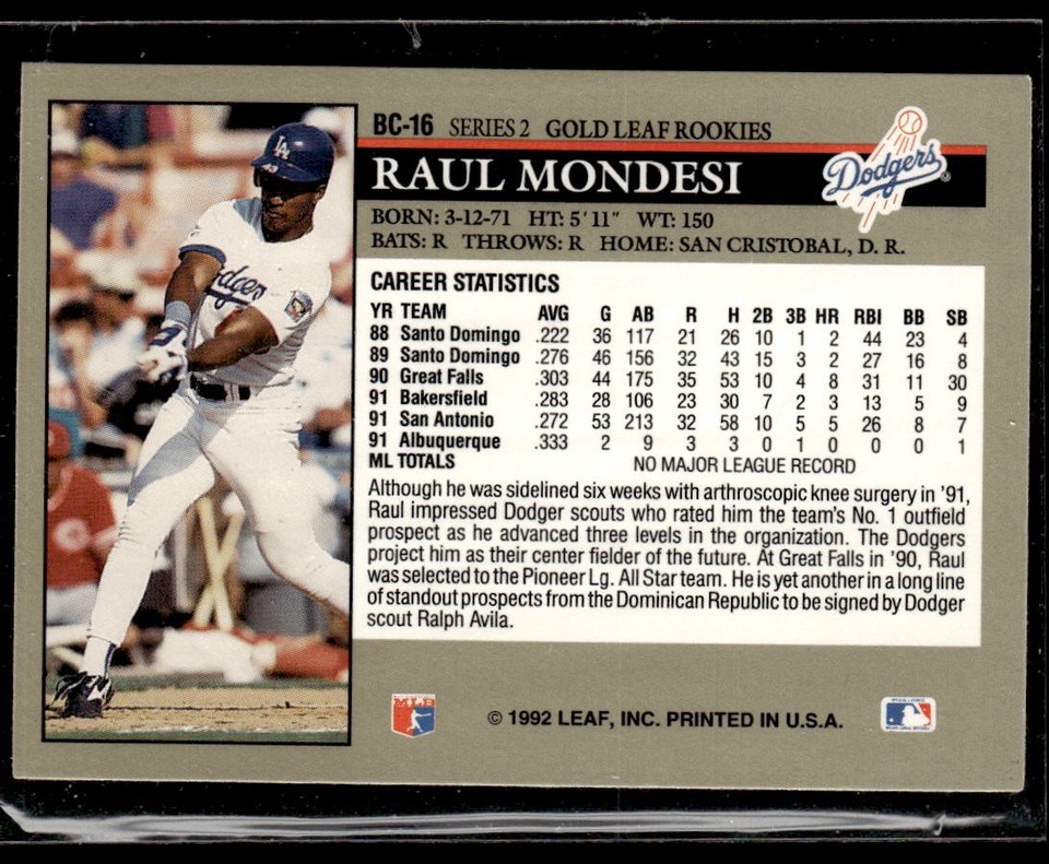1992 Leaf #BC-16 Raul Mondesi Gold Rookies Baseball Card 0203J | eBay